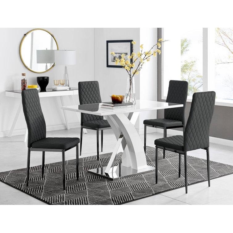 Marietta Chrome Metal White High Gloss Dining Table Set 4 Soft Touch Faux Leather Dining Chairs